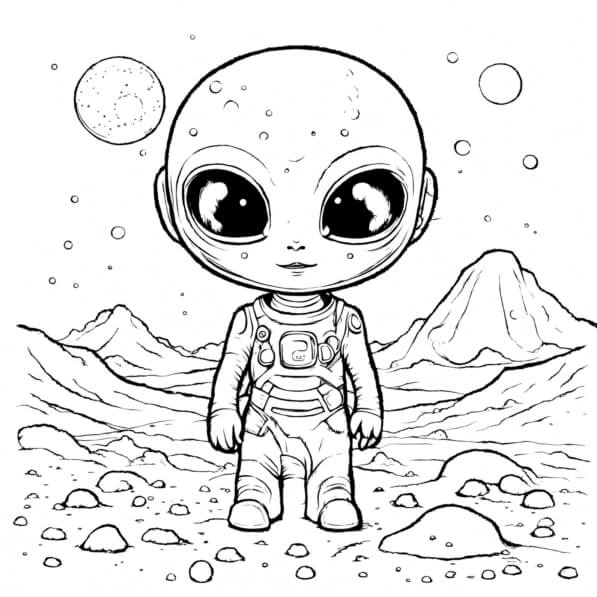 Download Cartoon Alien on an Extraterrestrial Landscape Coloring pages ...