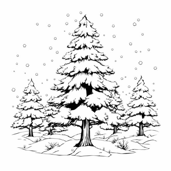 Download Snowy Winter Landscape with Evergreens Coloring pages Online ...