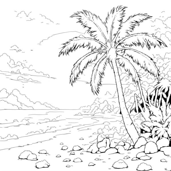 Download Tropical Beach Scene with Palm Tree Coloring pages Online ...