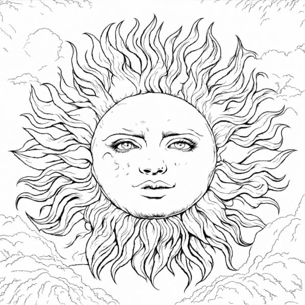 Descarga Arte lineal intrincado de un sol con cara humana Páginas para ...