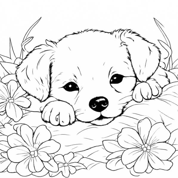 Descarga Perrito lindo descansando entre flores Páginas para colorear ...