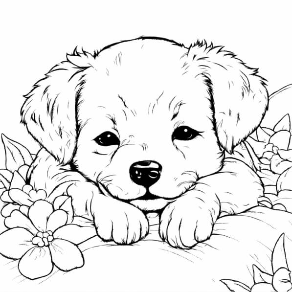 Download Cute Puppy with Flowers Coloring pages Online - Creative Fabrica