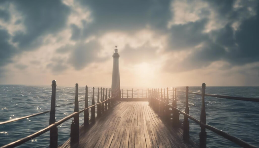 Download Serene Pier Leading to Lighthouse at Sunset Backgrounds Online ...
