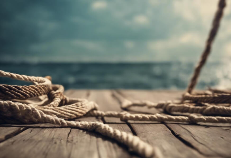 Baixe Cordas enroladas em um cais de madeira com fundo do oceano ...