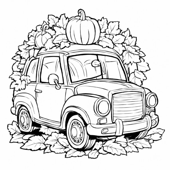 Download Car with Pumpkins Surrounded by Leaves Coloring pages Online ...