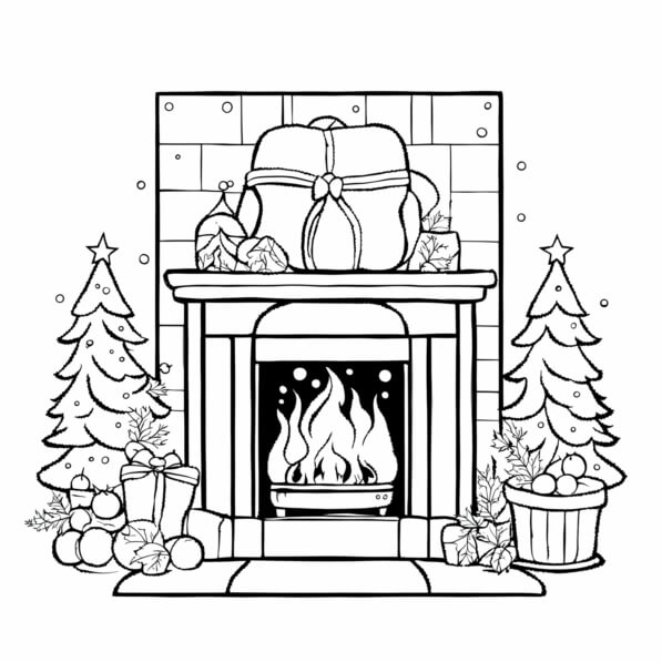 Download Festive Holiday Fireplace with Christmas Decorations Coloring ...