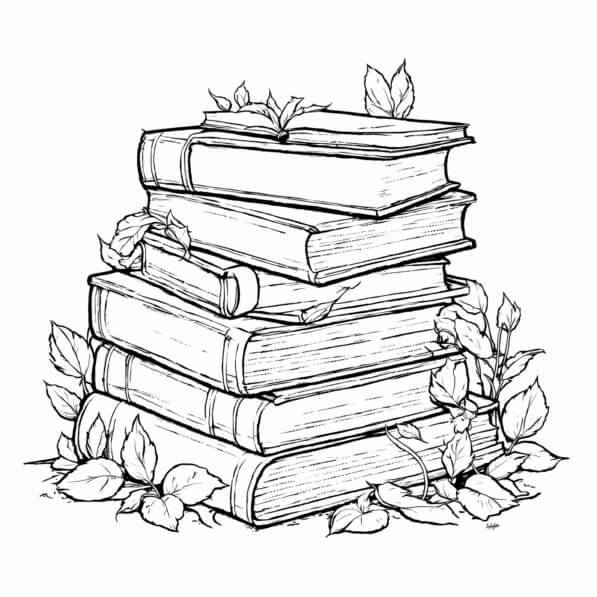 Télécharger Pile de livres entourée de feuilles Pages de coloriage En ...