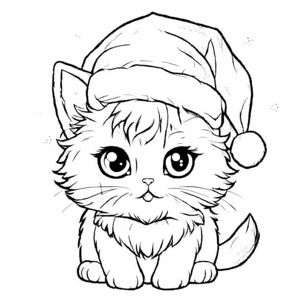 Download Cute Cartoon Kitten in Santa Hat Coloring pages Online ...