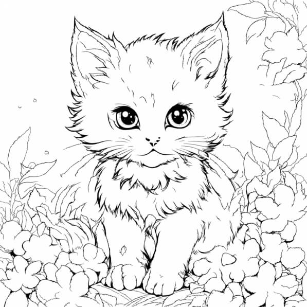 Download Cute Kitten Surrounded by Flowers Coloring pages Online ...