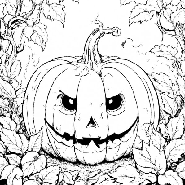 Download Sinister Pumpkin with Vines and Leaves Coloring pages Online ...