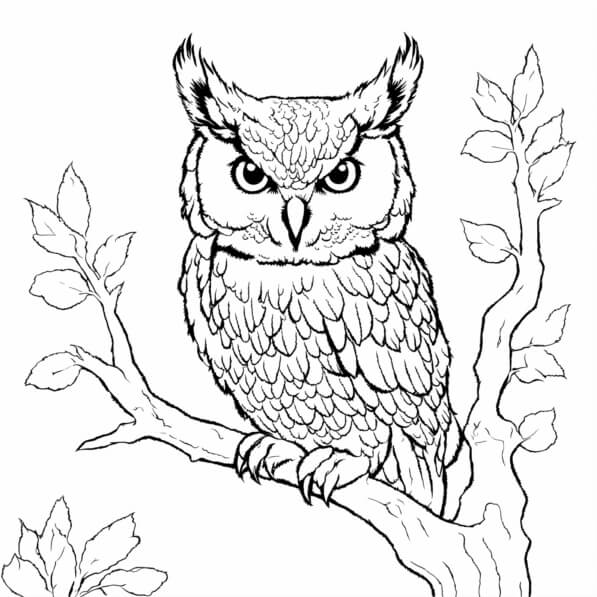 Download Gedetailleerde lijntekening van een uil op een tak Kleurplaten ...