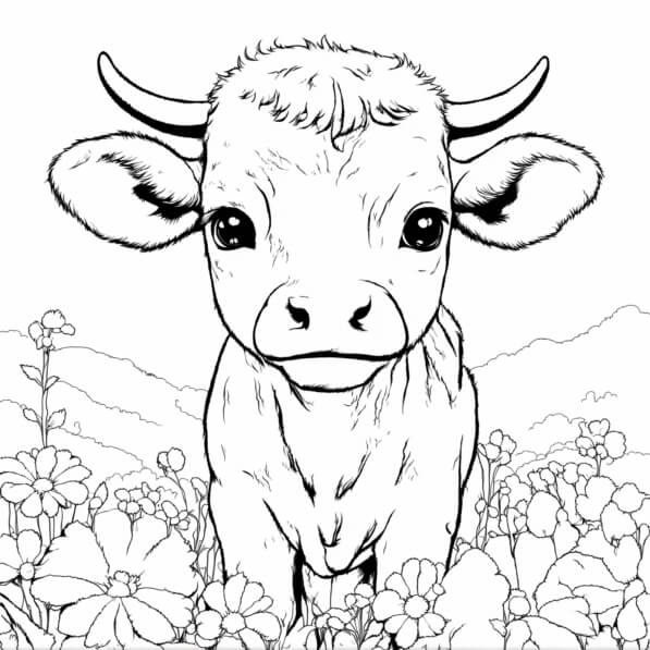 Download Calf in a Flower Field Coloring pages Online - Creative Fabrica