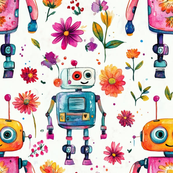 Download Playful Robots Surrounded by Flowers Patterns Online - Creative Fabrica