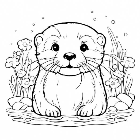Download Cute Otter Sitting by Water with Flowers Coloring pages Online ...