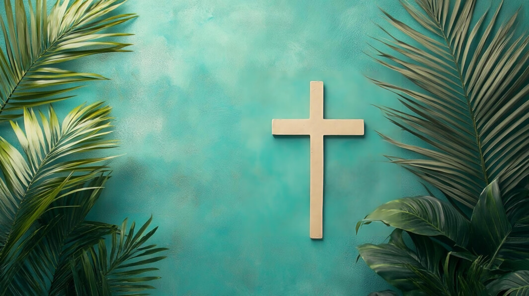 Download Cross Against Teal Background with Palm Leaves Backgrounds ...