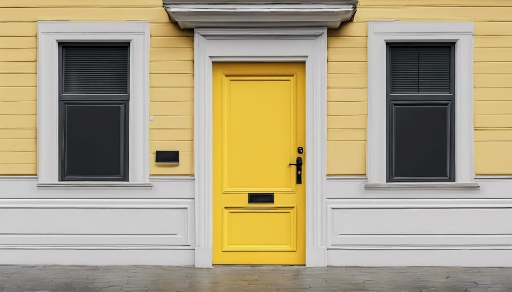 Descarga Puerta amarilla encantadora con ventanas oscuras Mockups En Línea - Creative Fabrica