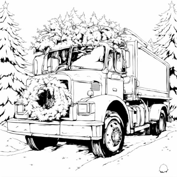 Download Festive Truck Surrounded by Evergreen Trees Coloring pages ...