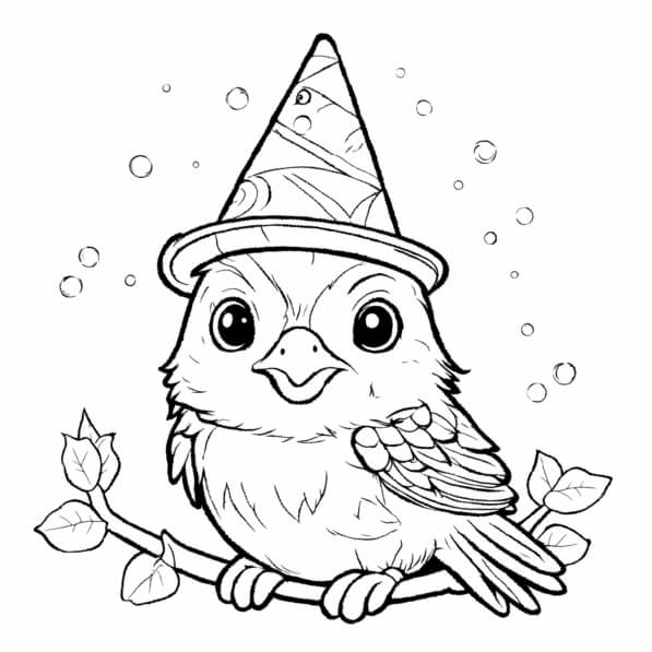 Download Cute Bird in a Party Hat Coloring pages Online - Creative Fabrica