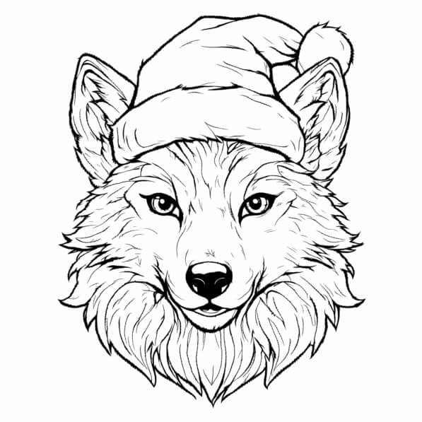 Download Wolf with Santa Hat Coloring pages Online - Creative Fabrica