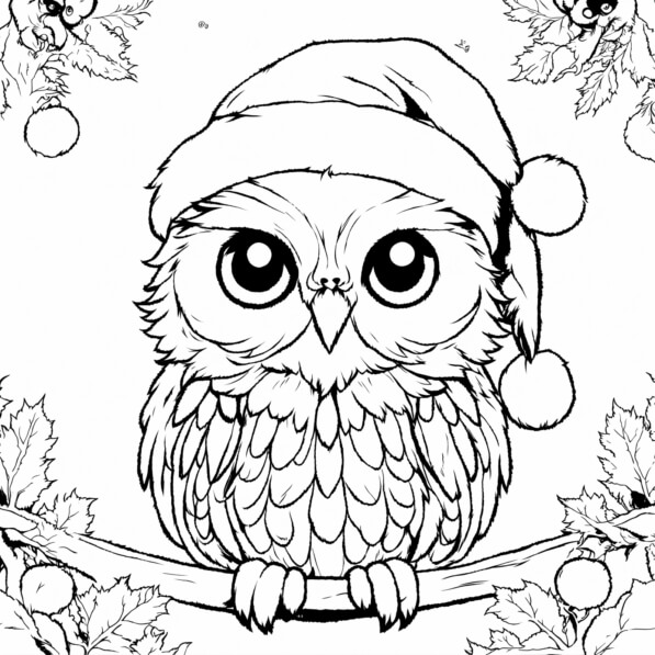 Download Owl in Santa Hat with Holly Coloring pages Online - Creative ...