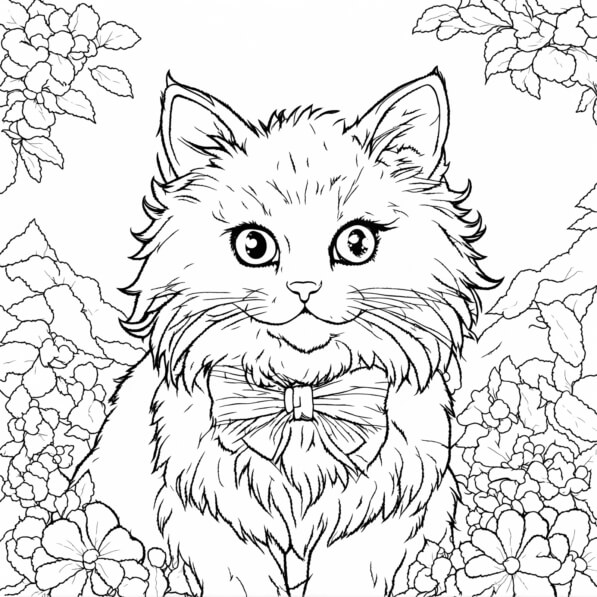 Download Fluffy Cat with Bowtie Surrounded by Flowers Coloring pages ...