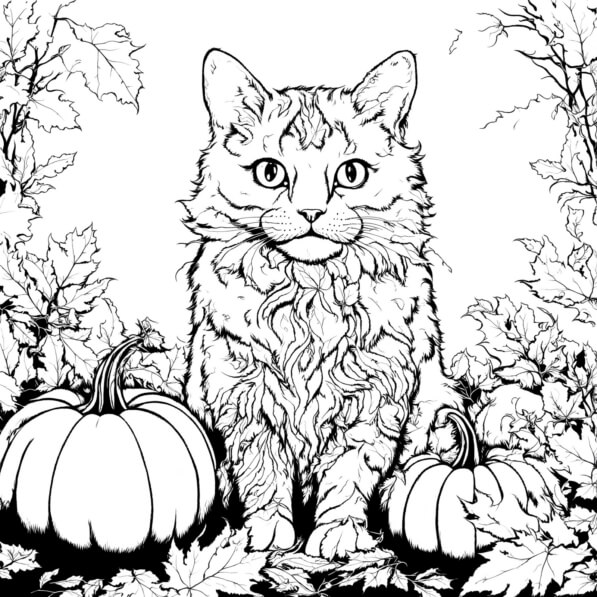 Download Cat with Pumpkins and Autumn Leaves Coloring pages Online ...