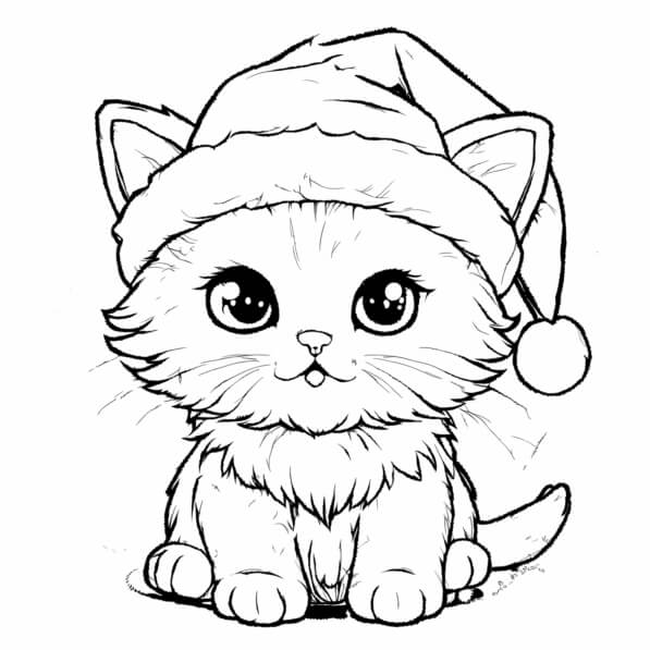 Download Cute Cat in Christmas Hat Coloring pages Online - Creative Fabrica
