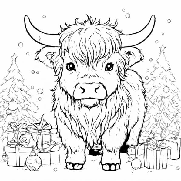 Download Highland Cow in a Festive Holiday Scene Coloring pages Online ...