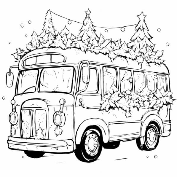 Download Vintage Christmas Bus with Pine Trees Coloring pages Online ...