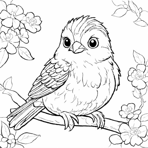 Download Bird Sitting on Branch with Flowers Coloring pages Online ...