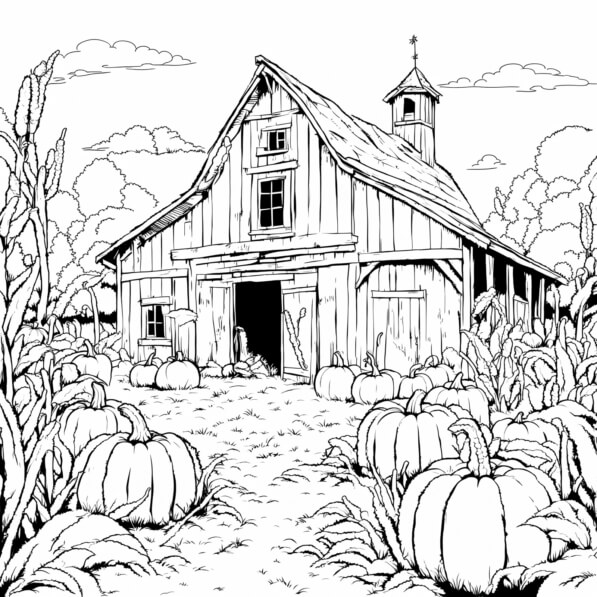 Download Rustic Barn Surrounded by Pumpkins Coloring pages Online ...