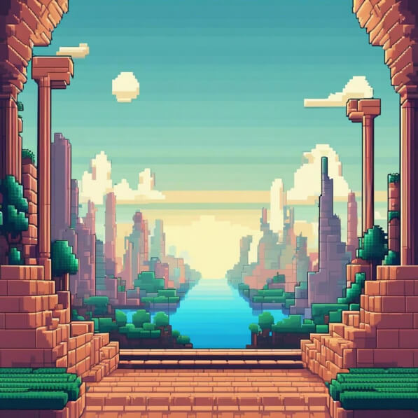 Download Pixel Art Landscape with River and Ruins Backgrounds Online ...