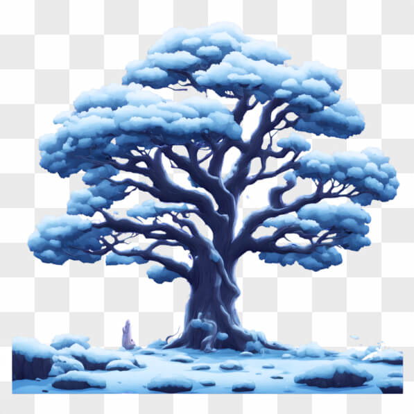 Download Stylized Blue Tree with Figure Cartoons Online - Creative Fabrica