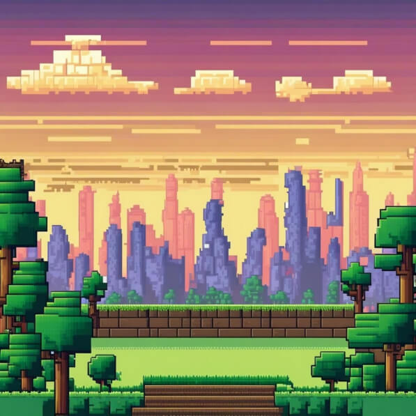 Download Pixel Art Sunset Landscape with City Skyline Backgrounds ...