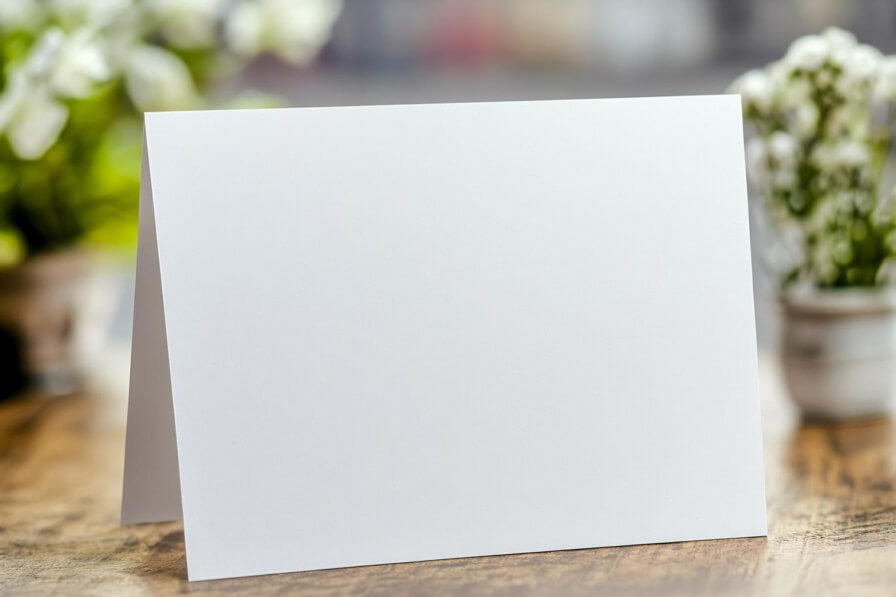 Pobierz narzędzie Pusta biała karta na drewnianym stole z zielenią ...