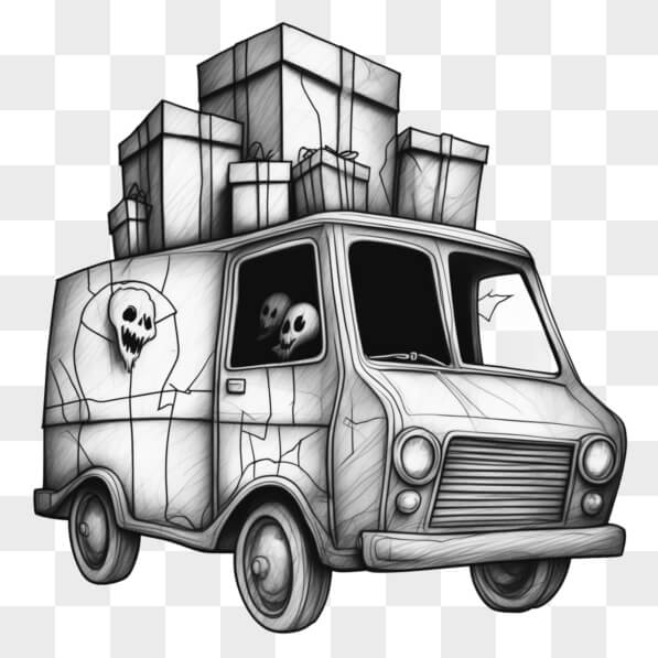 Download Spooky Delivery Van with Gifts Sketches Online - Creative Fabrica