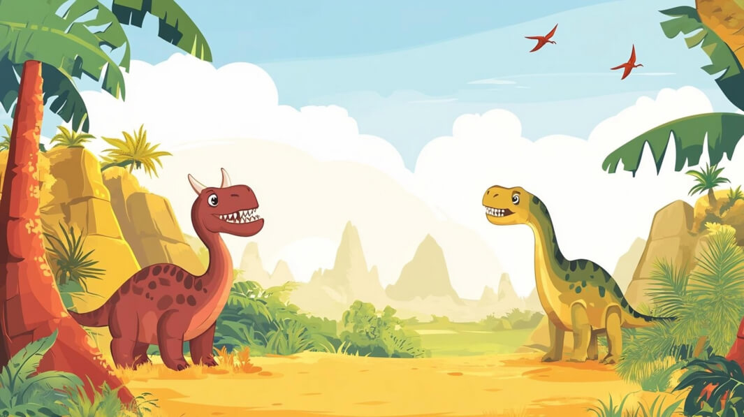 Descarga Dinosaurios de dibujos animados en un paisaje prehistórico Fondos En Línea - Creative ...