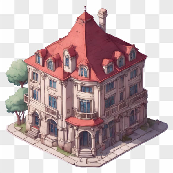 Download Elegant Mansion with Red Roof and Surrounding Trees Cartoons ...