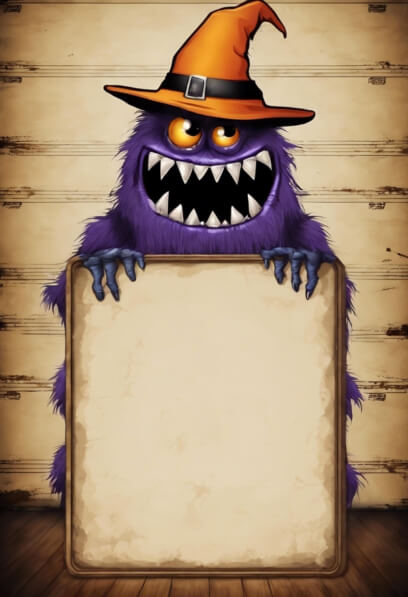 Baixe Monstro Roxo Brincalhão com Chapéu de Bruxa e Placa em Branco ...