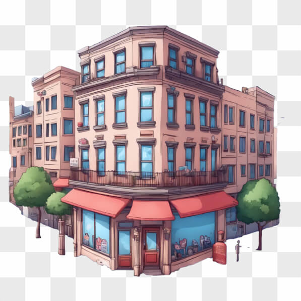 Download Charming Urban Building with Red Awning and Trees Cartoons ...