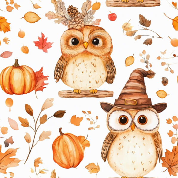 Download Whimsical Autumn Owls with Pumpkins and Leaves Patterns Online ...