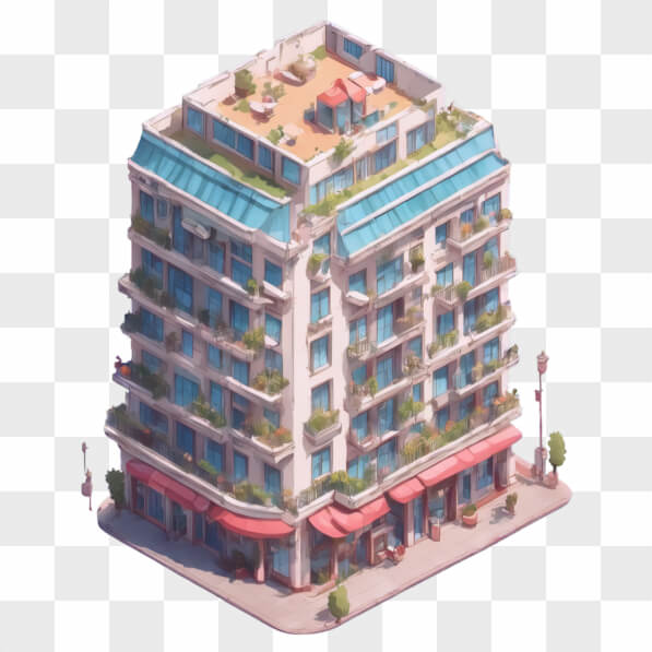 Descarga Edificio residencial moderno con terraza y café Cartoons En Línea - Creative Fabrica