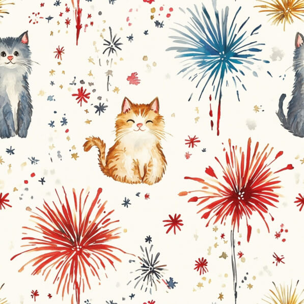 Download Playful Cats with Colorful Fireworks Patterns Online ...
