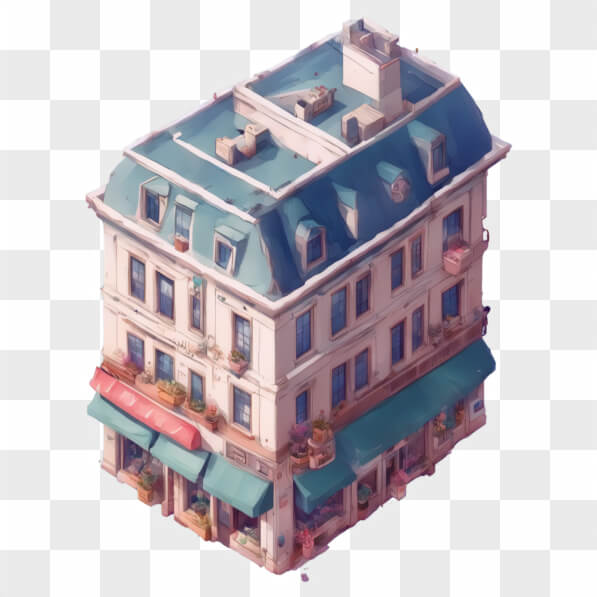 Download Charming Animated Building with Blue Roof and Flower Boxes ...