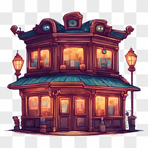 Download Whimsical Building with Teal Roof and Street Lamps Cartoons ...