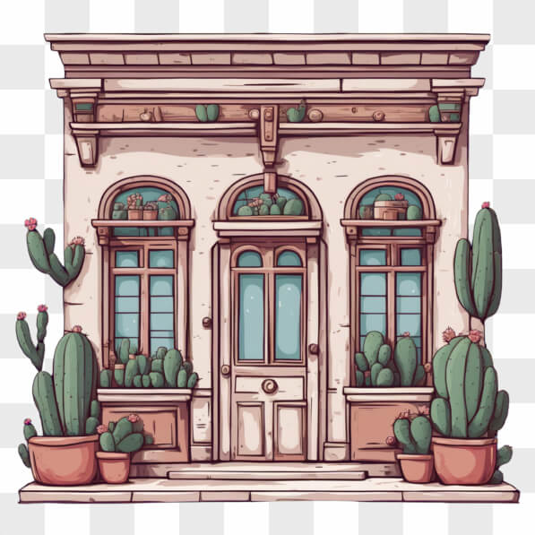 Download Charming Building with Cacti Cartoons Online - Creative Fabrica