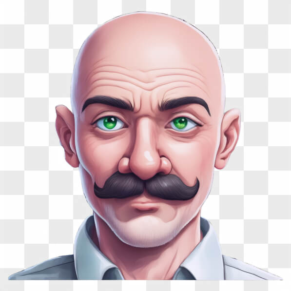Descarga Retrato de un hombre calvo con ojos verdes y bigote Cartoons En Línea - Creative Fabrica