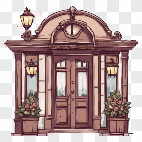 Download Elegant Building Entrance with Lanterns and Plants Cartoons ...