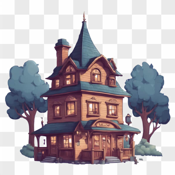 Download Whimsical Wooden House with Blue Roof and Trees Cartoons ...