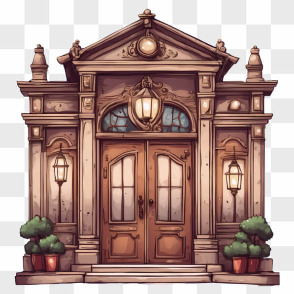 Download Elegant Building Entrance with Lanterns and Potted Plants ...